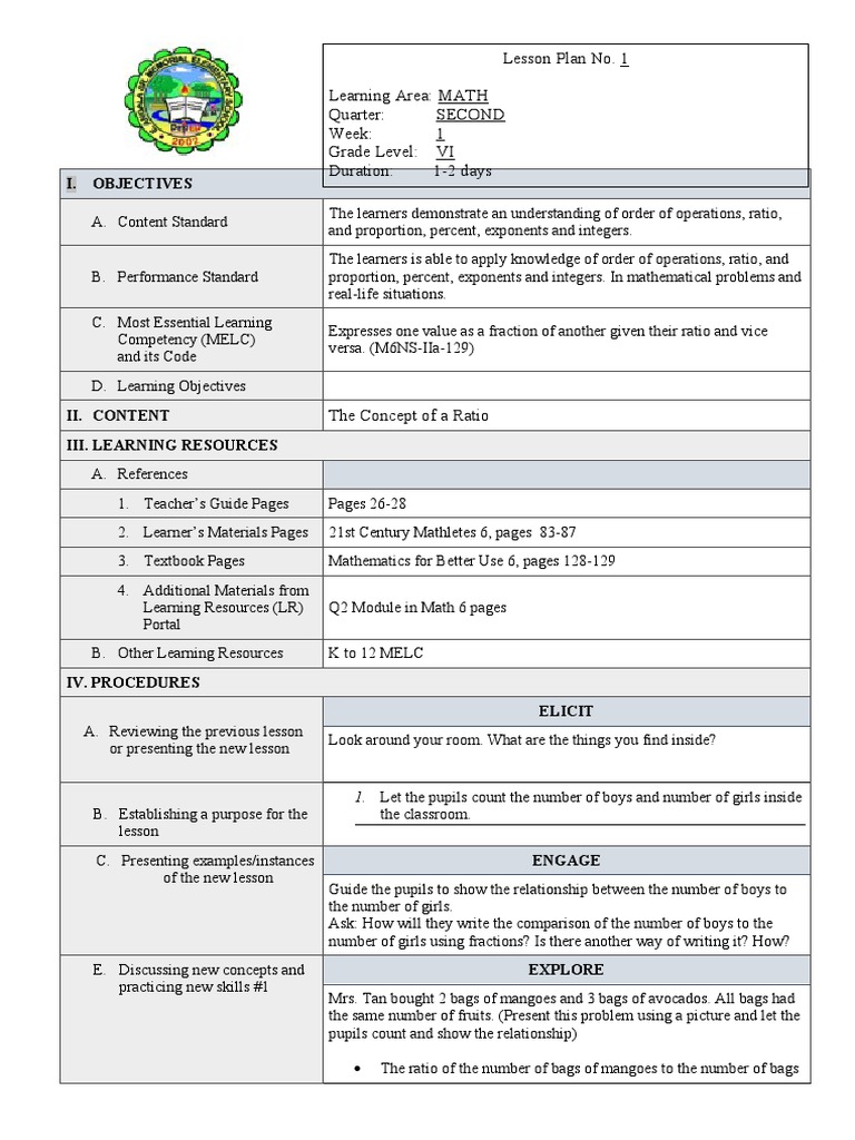 Lesson Exemplar in Math 6-Ratio Concept COT | PDF | Learning | Ratio
