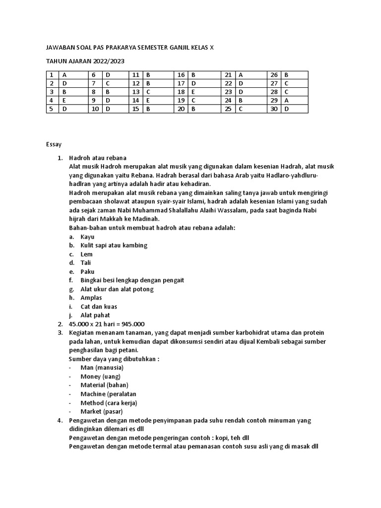 Jawaban Soal Pas Prakarya Semester Ganjil Kelas X | PDF