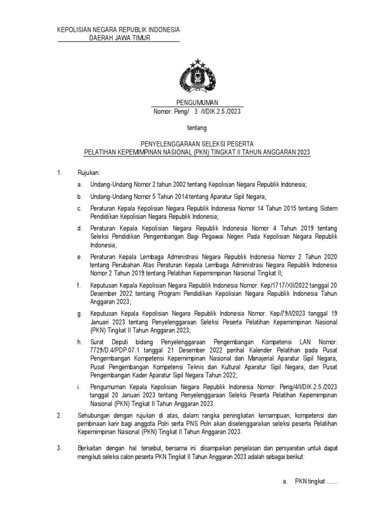 Pengumuman Seleksi PKN Tk. Ii Ta 2023 | PDF