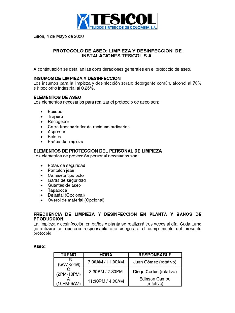 Protocolo de Aseo y Desinfeccion | PDF | Residuos | Agua