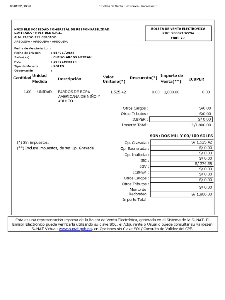Boleta de Venta Electrónica de Ropa | PDF | Dinero
