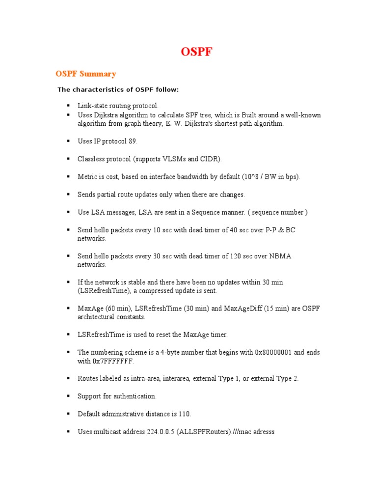 OSPF Summary: The Characteristics of OSPF Follow | PDF | Computer Networking | Network Architecture