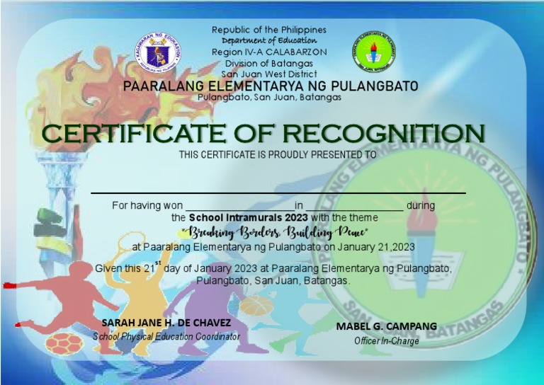 Intramurals Certificate of Recognition | PDF