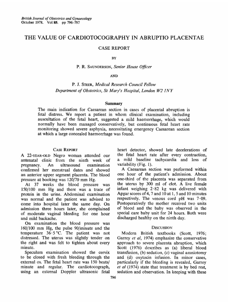 The Value of Cardiotocography in Abrupt10 Placentae: Senior House ...