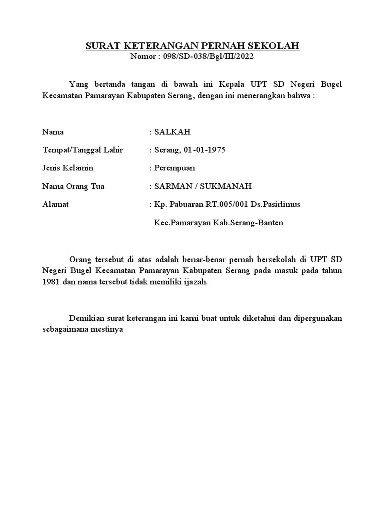 Surat Keterangan Pernah Sekolah | PDF