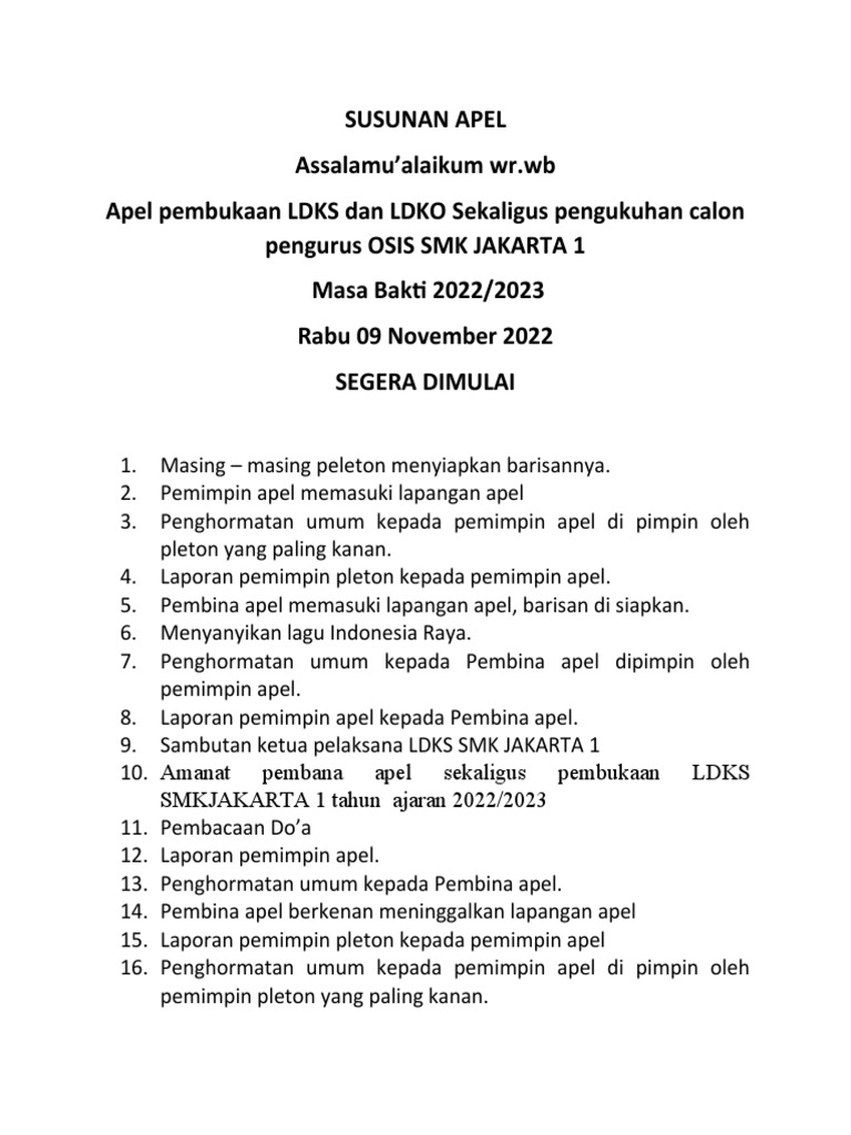 Contoh Susunan Apel Ldks & Pelantikan OSIS | PDF Contoh Susunan Apel Ldks & Pelantikan OSIS | PDF