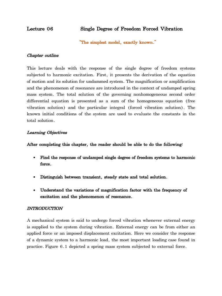 Lecture 06 Forced Vibration Single Degree Of Freedom Model Pdf Resonance Applied And