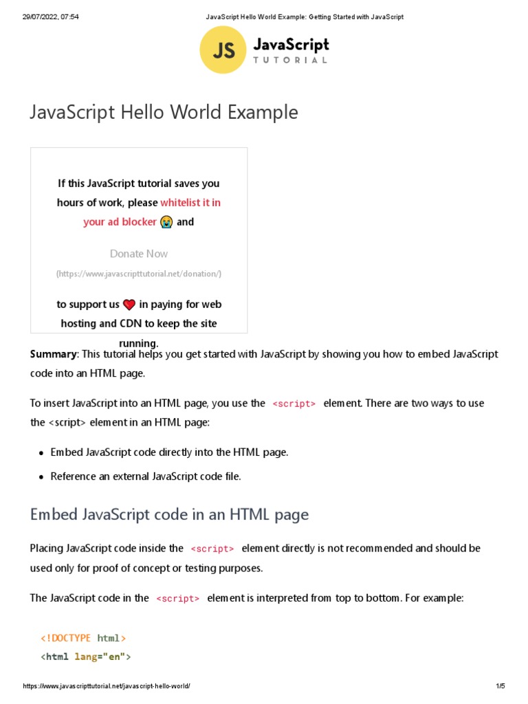 JavaScript Hello World Example - Getting Started With JavaScript | PDF ... JavaScript Hello World Example - Getting Started With JavaScript | PDF ...