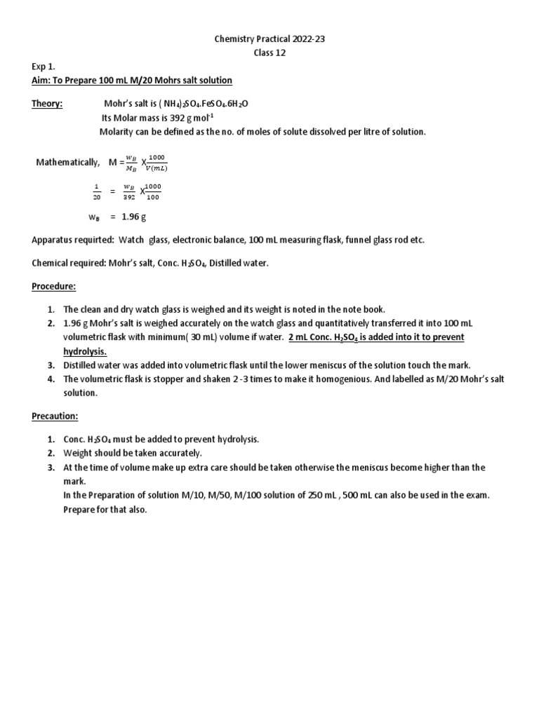 Chemistry Practical 2022 - XII | PDF | Salt (Chemistry) | Chromatography