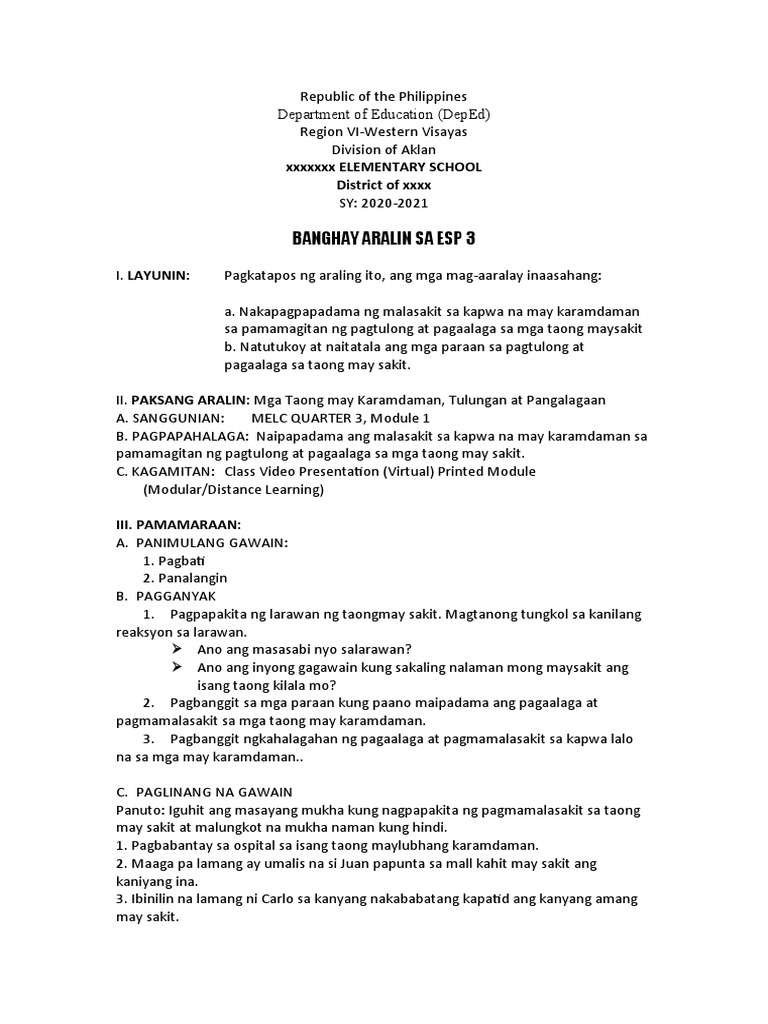Banghay Aralin Sa Esp 3 - Melc Based | PDF