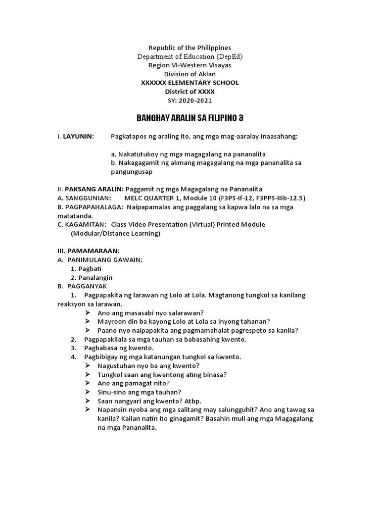 Filipino Lesson Plan Demo MELC | PDF