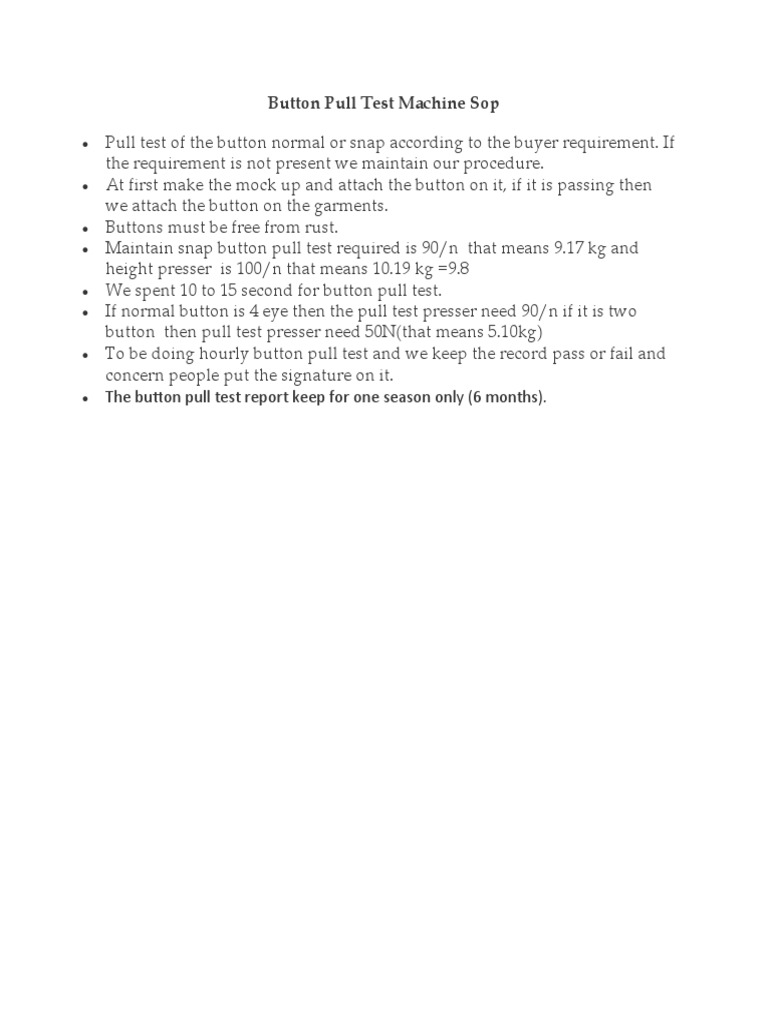 Button Pull Test Standard Operating Procedure | PDF