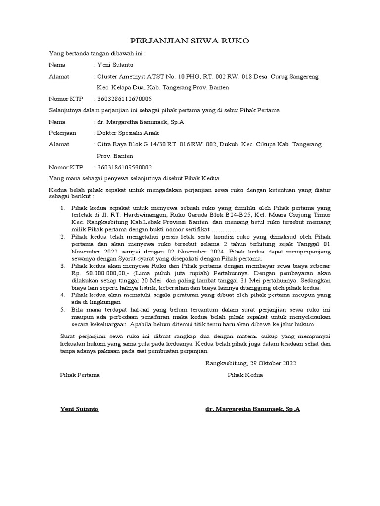 Surat Perjanjian Sewa Ruko Pdf