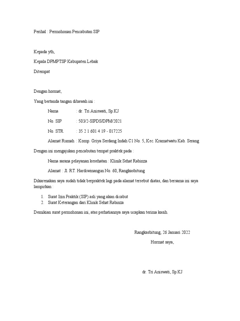 Surat Permohonan Pencabutan Sip | PDF