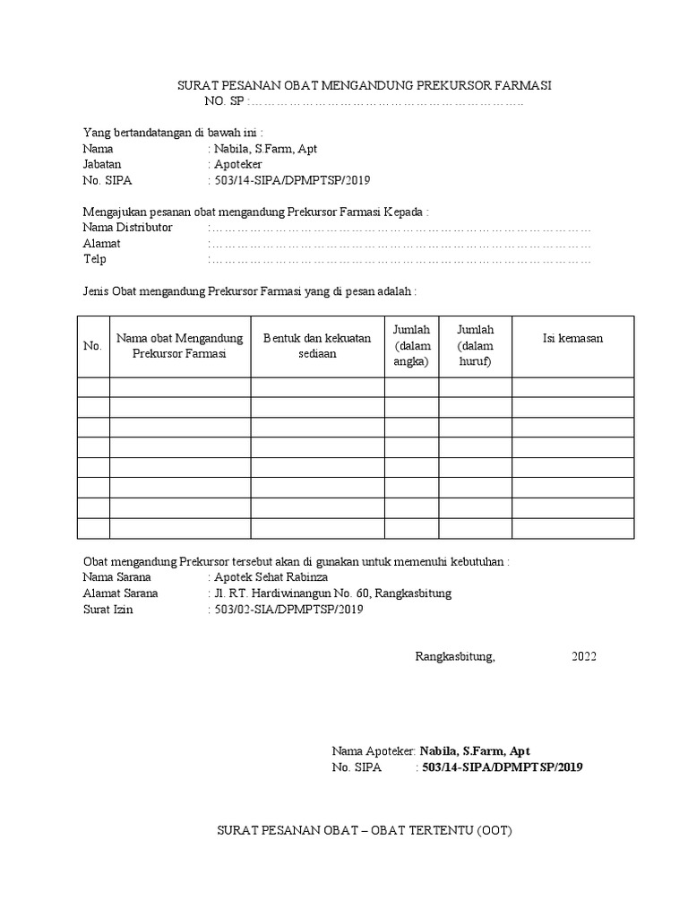 Surat Pesanan Prekursor Dan Oot | PDF