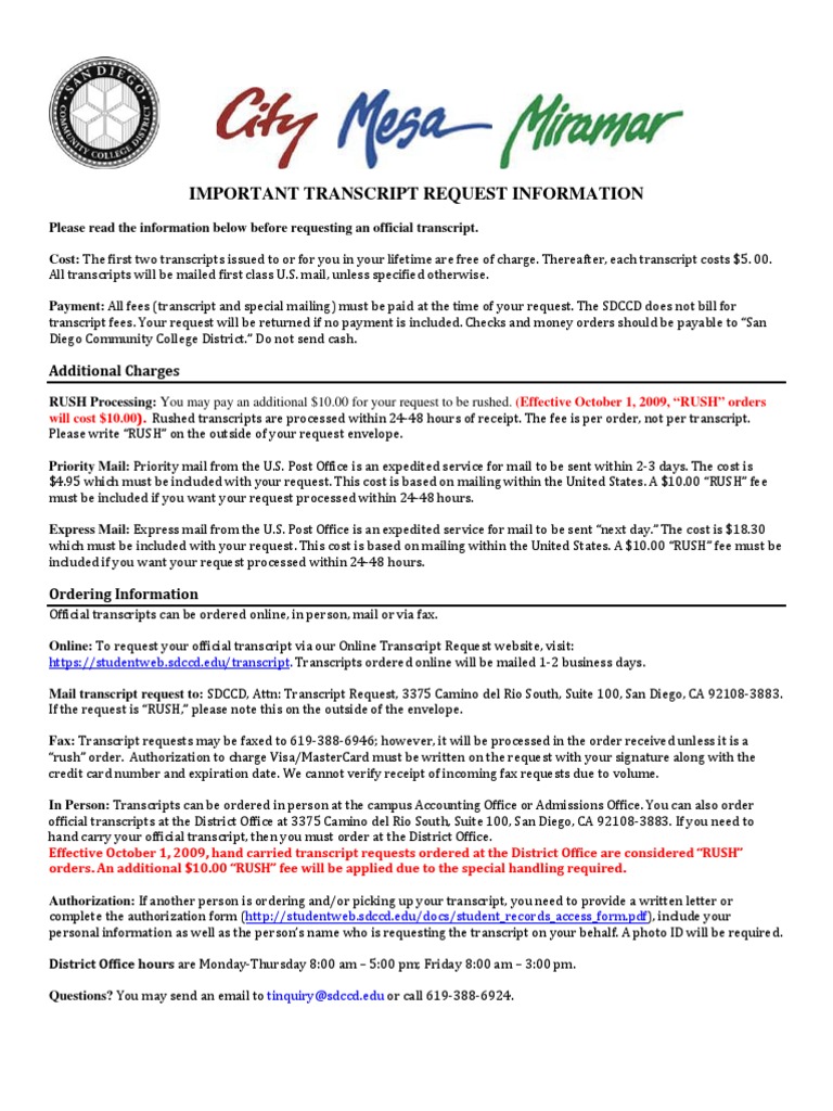 Important Transcript Request Information: Additional Charges | PDF ...