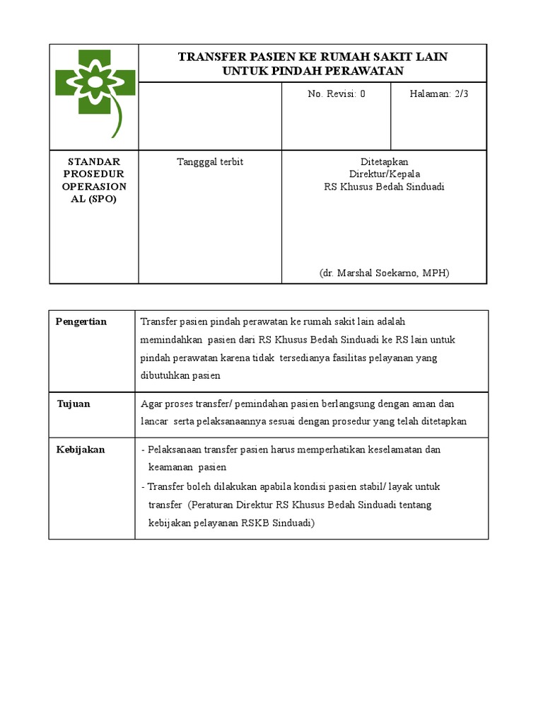 Prosedur Transfer Pasien Antar Rumah Sakit untuk Pindah Perawatan | PDF