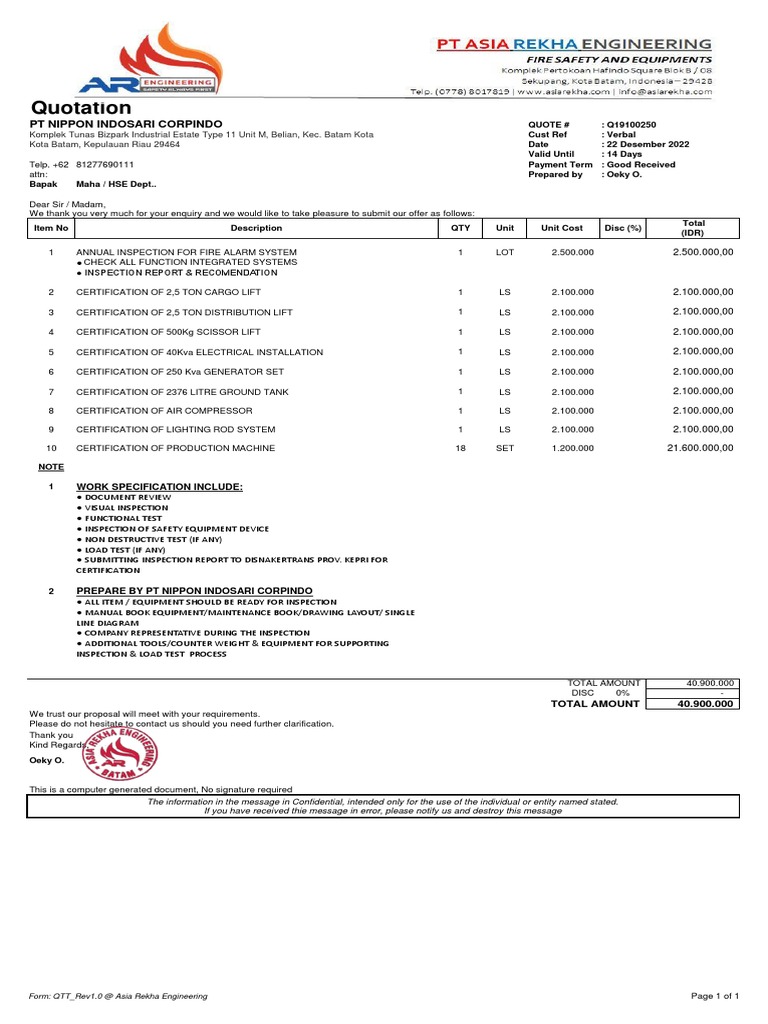 Quotation Asia Rekha Engineering Riksa Uji | PDF