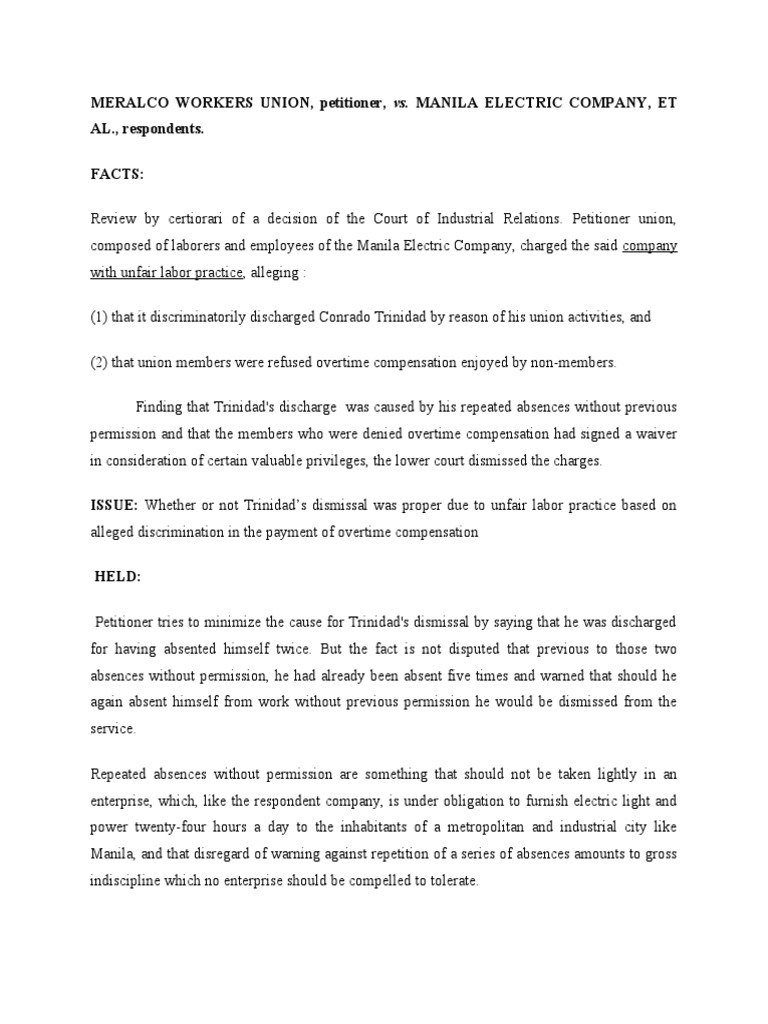 Meralco Workers Union V Meralco | PDF | Unfair Labor Practice | Overtime