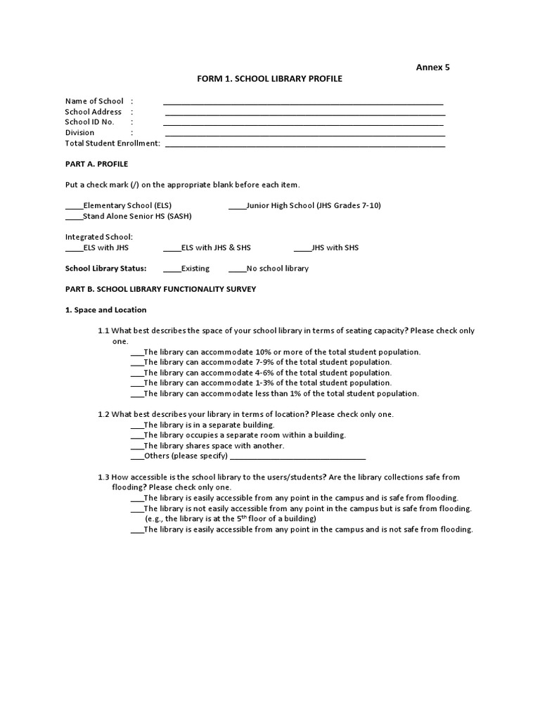Form 1. School Library Profile | PDF | Libraries | School Library