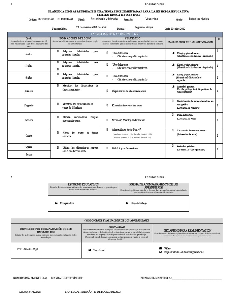 Plan Primera Quincena Computación | PDF | Evaluación | Microsoft Word