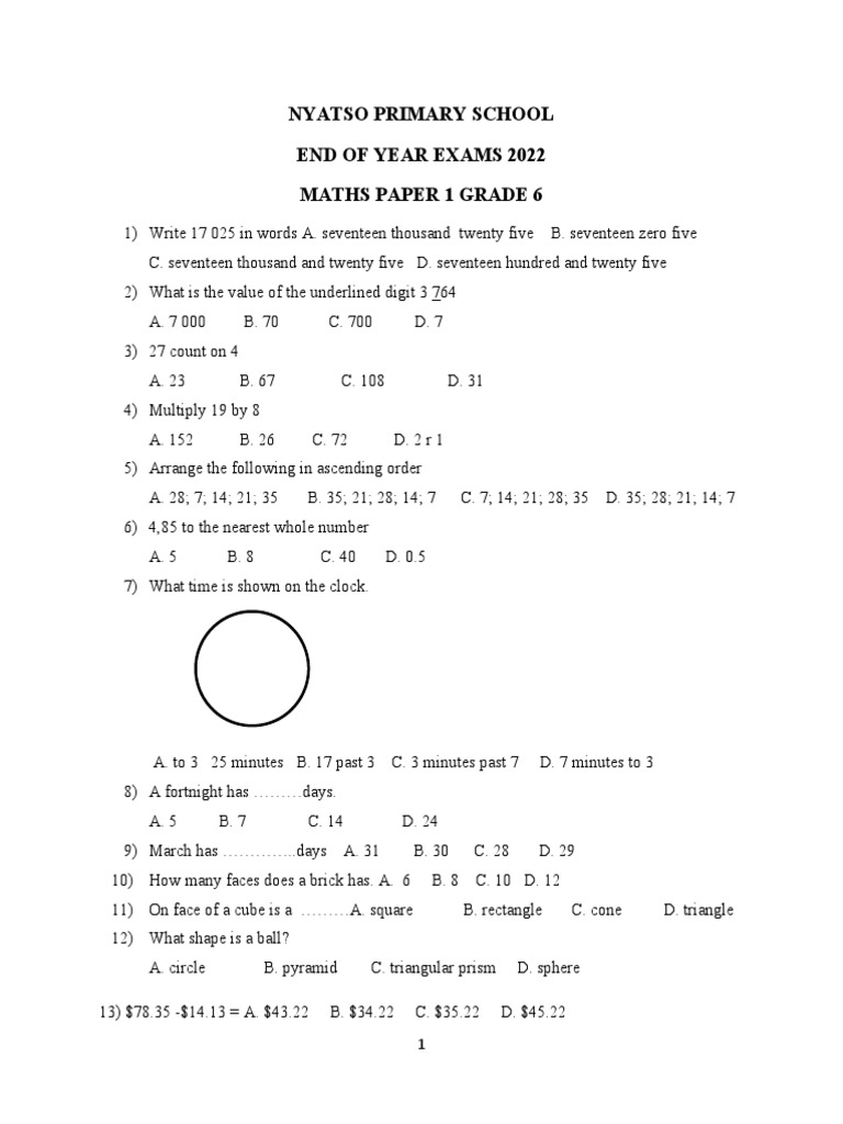 Maths Grade 6 Paper 1 | PDF | Geometric Shapes | Elementary Mathematics