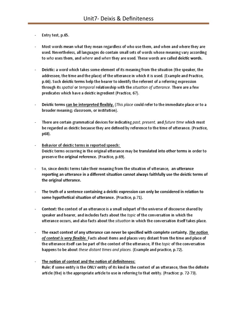 Unit7 - Deixis & Definiteness | PDF | Semantic Units | Linguistic Typology