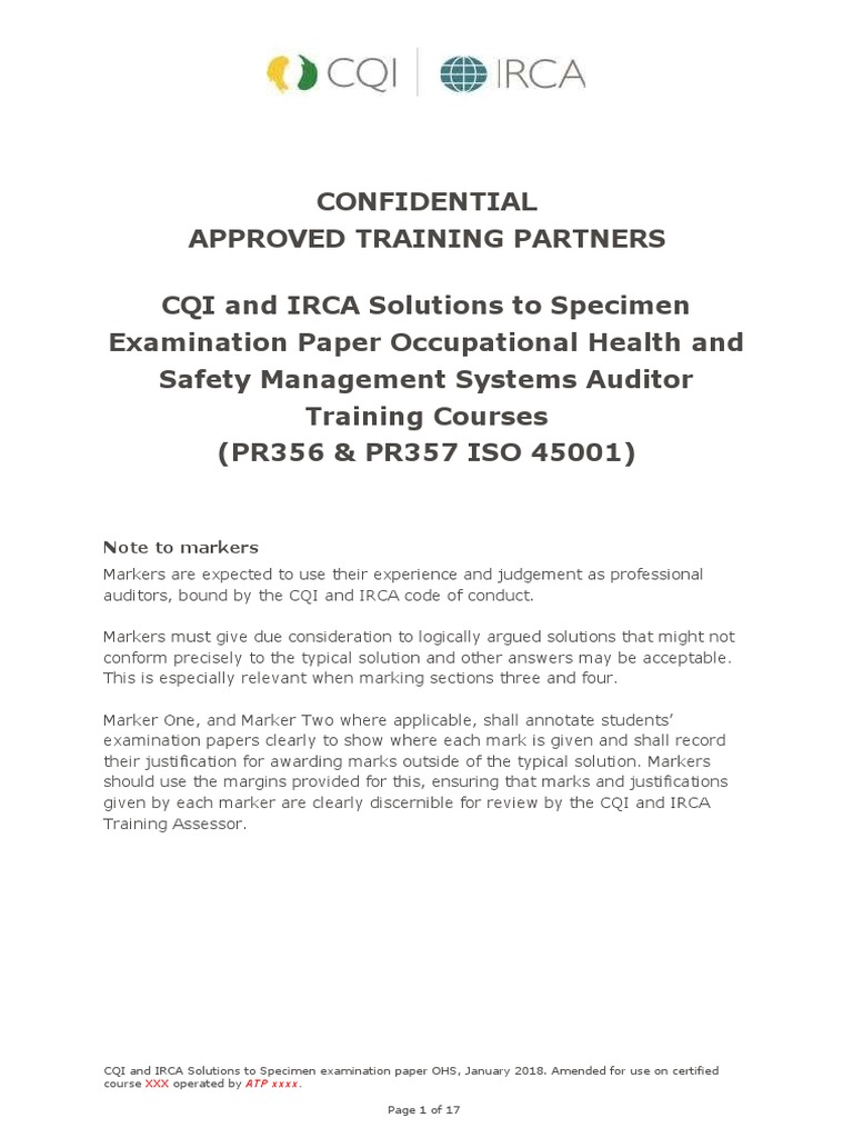 Ohsms Specimen Exam Solutions Jan 2018 | PDF | Audit | Occupational ...