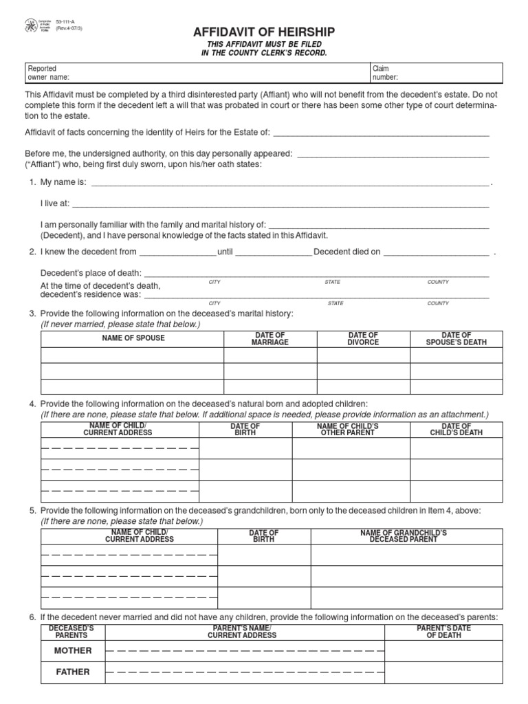 Texas Affidavit of Heirship Form 53 111 A | Download Free PDF ...