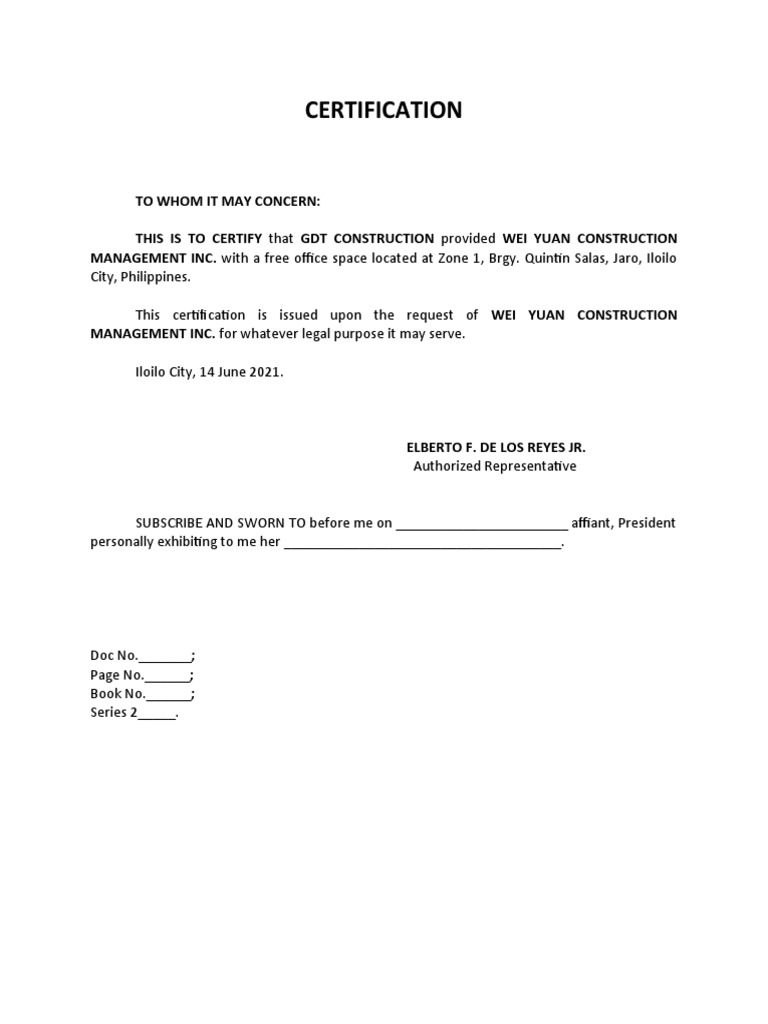 CERTIFICATION of FREE Rental Wei Yuan Construction Management | PDF