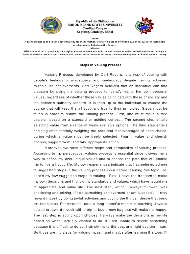 BISU's Vision, Mission and Steps in Valuing Process | PDF | Cognition ...