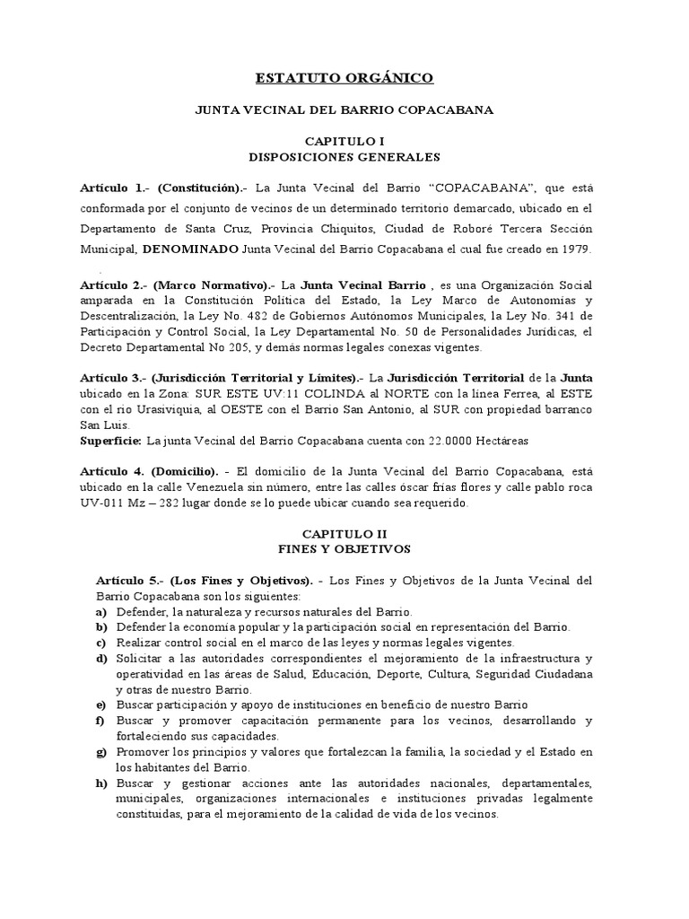 Modelo Estatuto Organico Junta Vecinal | PDF | Regulación | Quórum