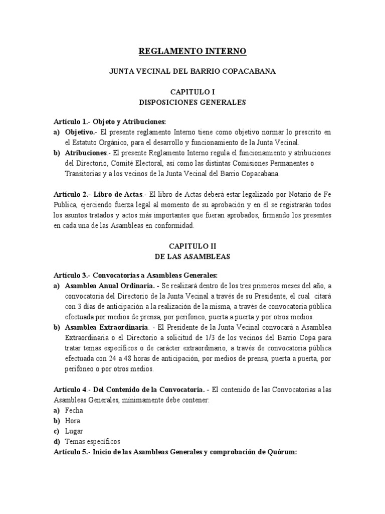 Modelo Reglamento Interno Junta Vecinal | PDF | Votación | Regulación