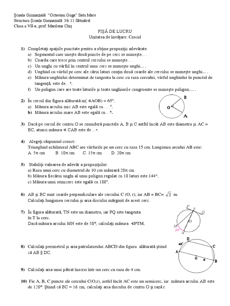 Cercul Cls Vii Fisa de Lucru | PDF