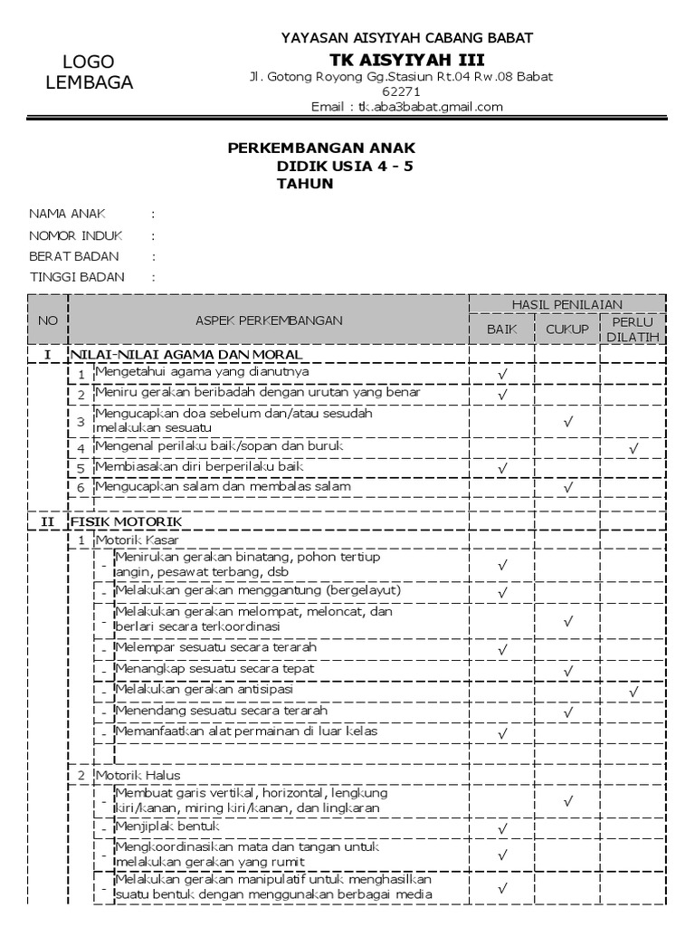 Perkembangan Anak TK Aisyiyah III | PDF