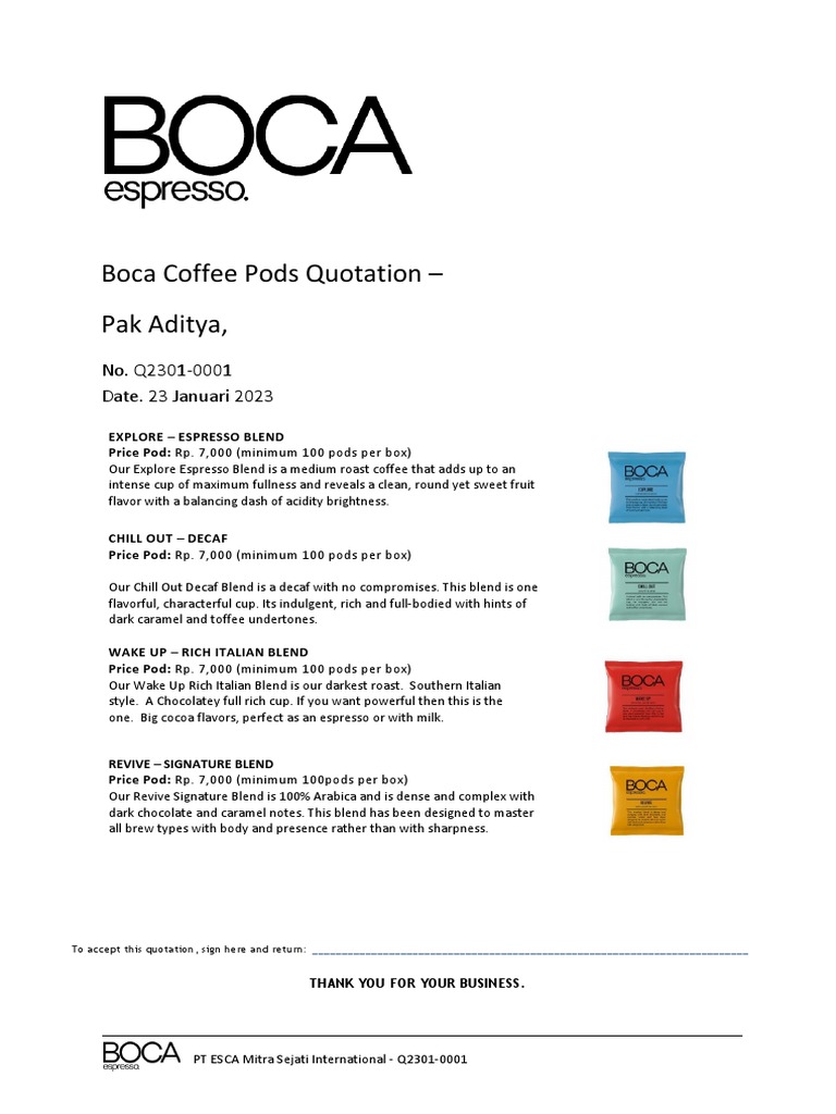 Boca Coffee Pods Quotation and Product Descriptions | PDF