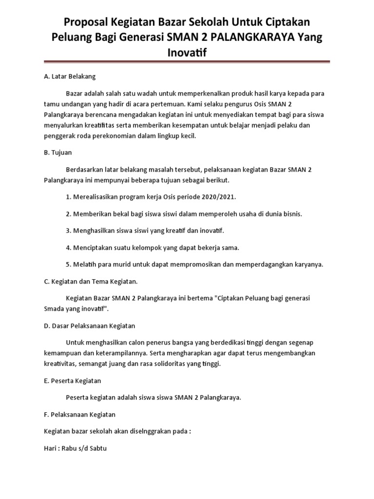 Proposal Kegiatan Bazar Sekolah Untuk Ciptakan Peluang Bagi Generasi ...