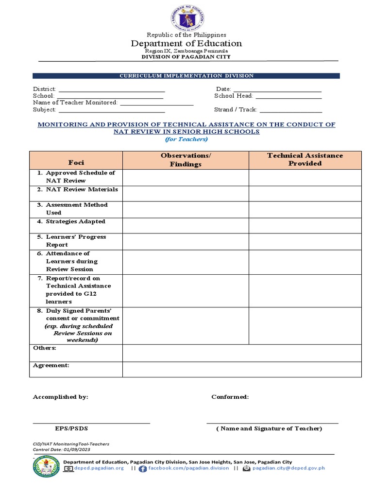 NAT Review Monitoring Tool for Teachers | PDF