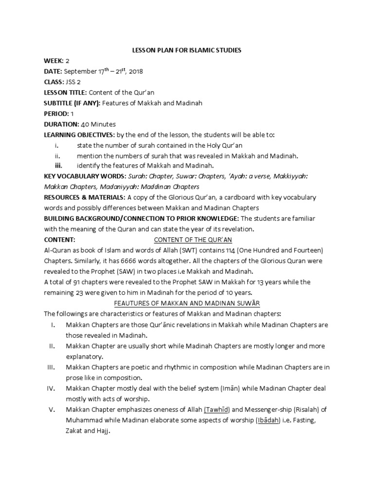 Islamic Studies Lesson Plan For JSS2 Week2 2018 | PDF | Surah | Quran
