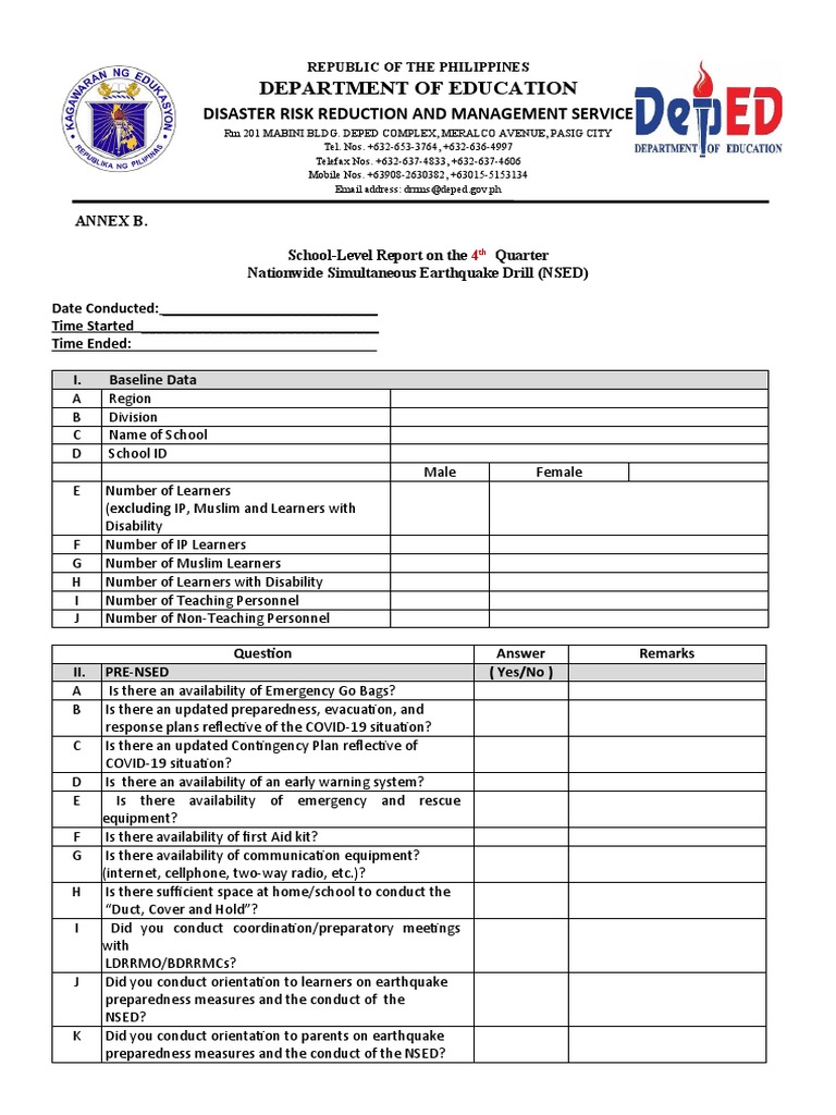 Annex B Template Form 4QNSED 2022 | PDF | Emergency Management | Public ...