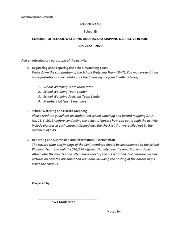 School Watching and Hazard Mapping Narrative Report Template | PDF