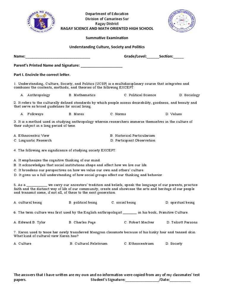 UCSP Summative Exam: Culture & Politics | PDF | Anthropology | Social ...