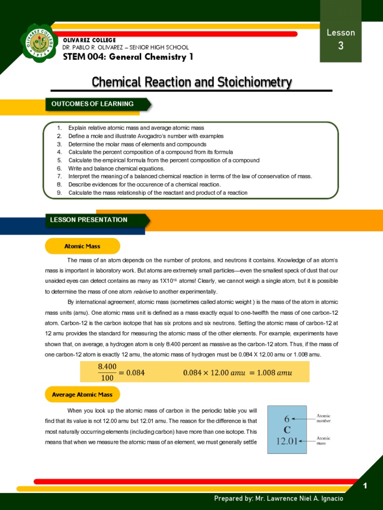 Lesson 3 Stoichiometry | PDF | Mole (Unit) | Stoichiometry