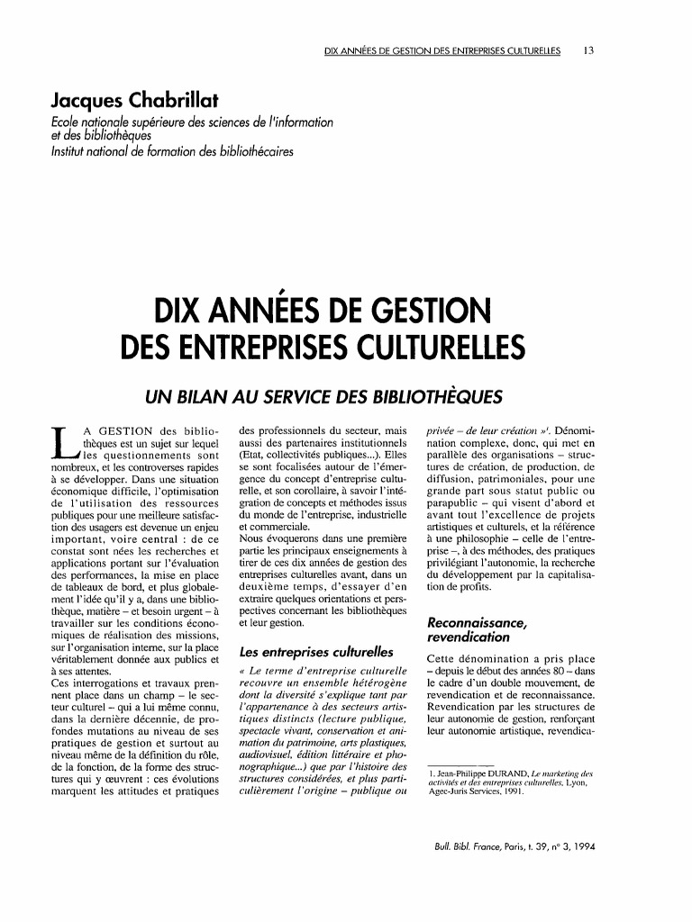 Dix Annees de Gestion Des Entreprises Culturelles | PDF ...