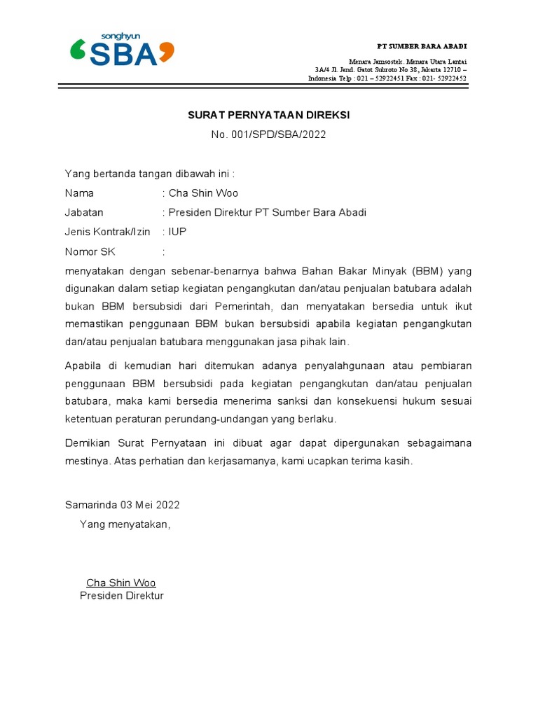 Surat Pernyataan Direksi Penggunaan BBM | PDF