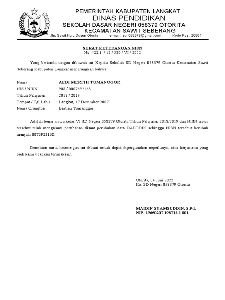 Surat Keterangan Nisn Salah | PDF