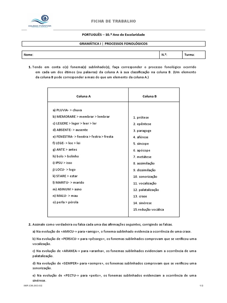 IMP CM 003 02 Ficha Trabalho 10ano Gramatica I | PDF