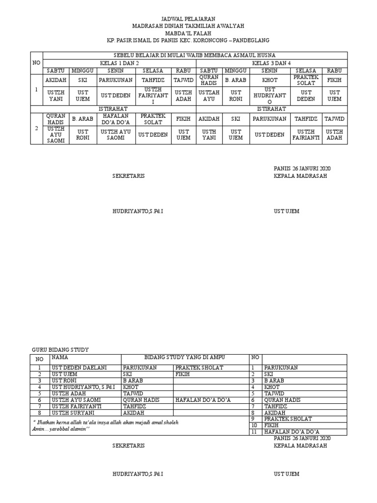 Jadwal Pelajaran Mda | PDF