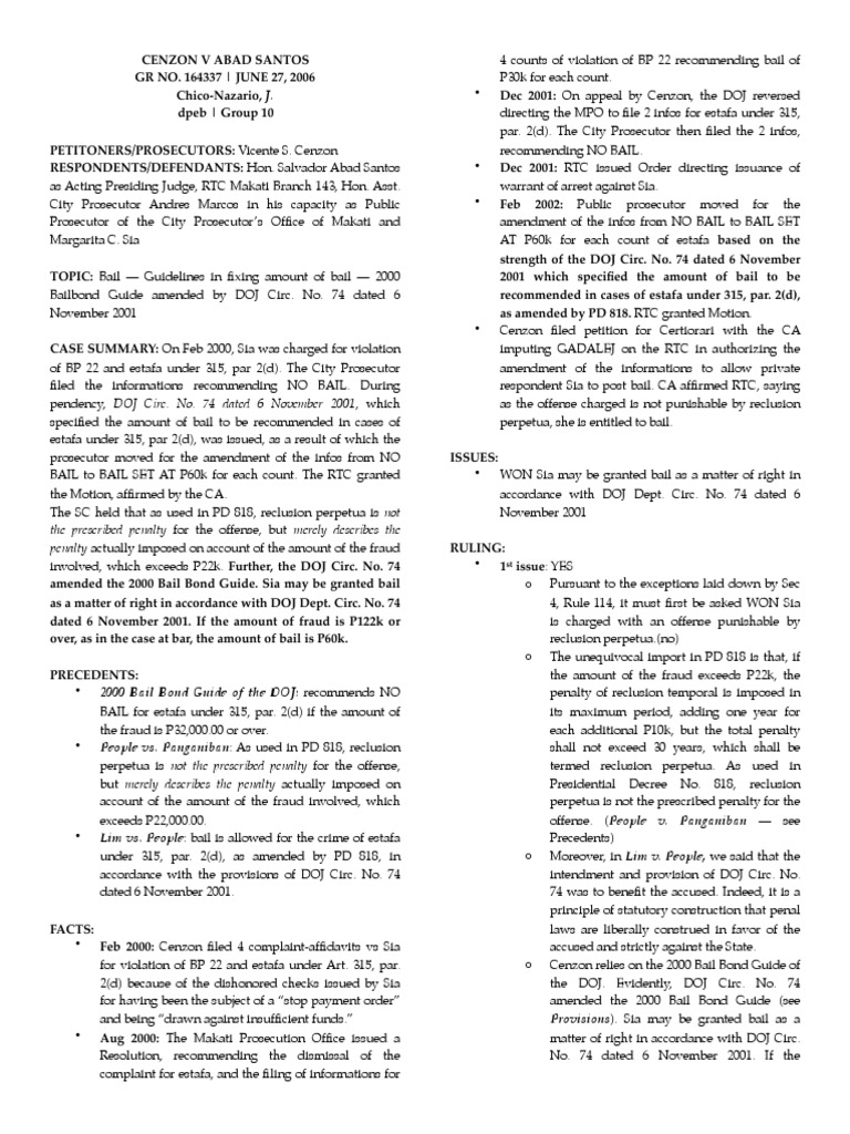 Cenzon V Abad Santos (Group10) | PDF | Bail | Fraud