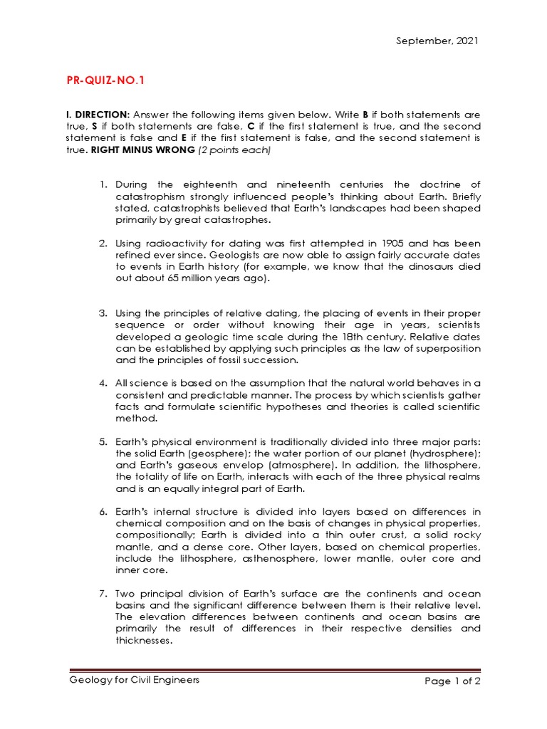 Geology For Civil Engineers - Pr-Quiz-No.1 | PDF | Plate Tectonics | Physical Sciences